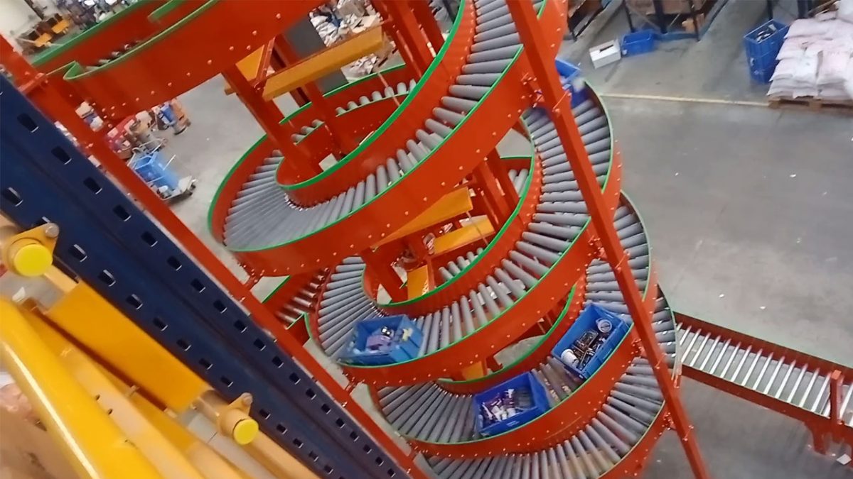 Gravity Spiral Conveyor Handling Totes in Online Food Delivery ...